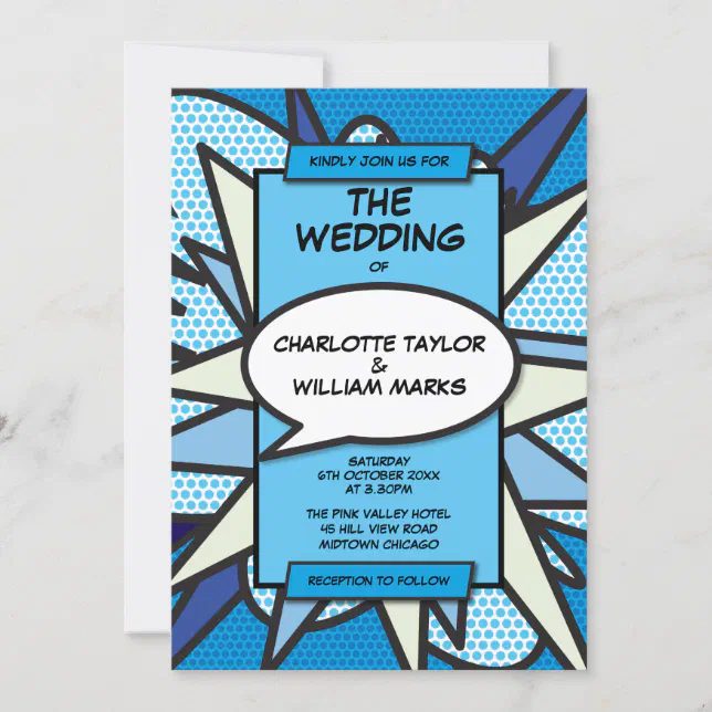 Modern Wedding Fun Designer Blue Comic Book Invitation | Zazzle