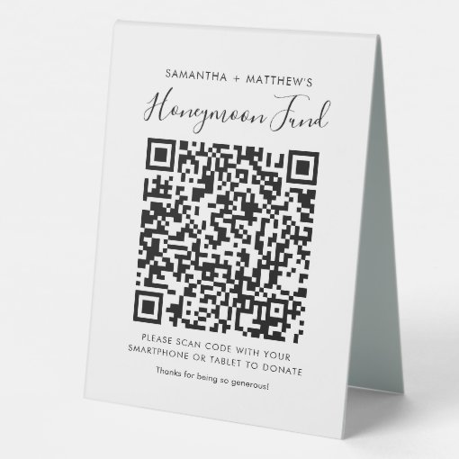 Modern Wedding Honeymoon Fund QR Code Donation Table Tent Sign | Zazzle