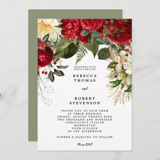 modern wedding invitation red floral winter | Zazzle.com