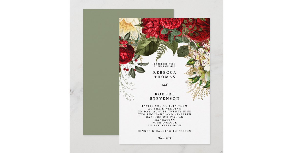 modern wedding invitation red floral winter | Zazzle
