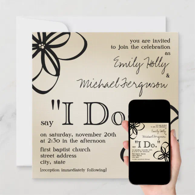 Modern Wedding Invite - Tan & Black I Do & Flowers | Zazzle
