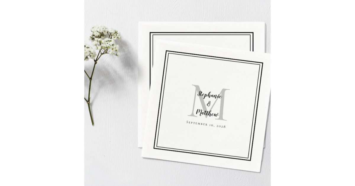 Modern Wedding Names & Date Monogram Black Gray Napkins | Zazzle