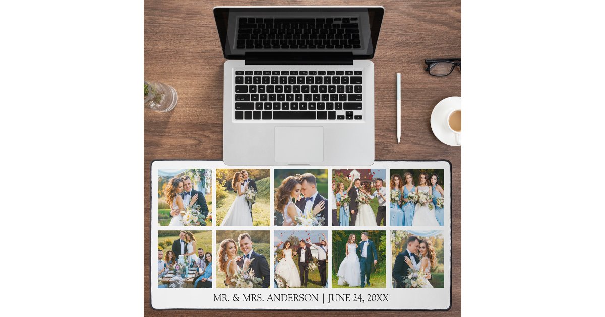 Modern Wedding Photo Collage Desk Mat | Zazzle