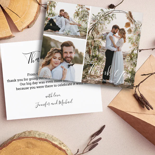modern wedding photo collage thank you card | Zazzle