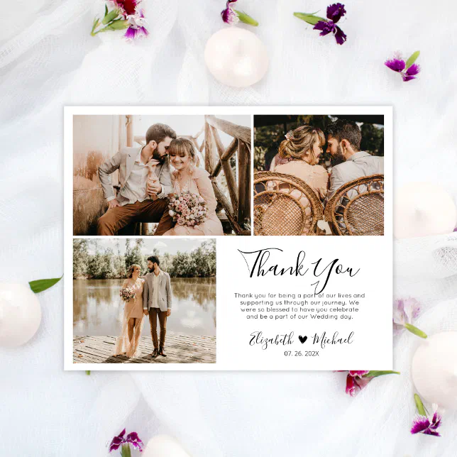 Modern Wedding Photo Collage Thank You Script Card | Zazzle