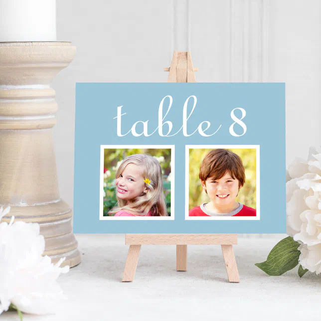 Modern Wedding Photo Light Blue Table Number | Zazzle