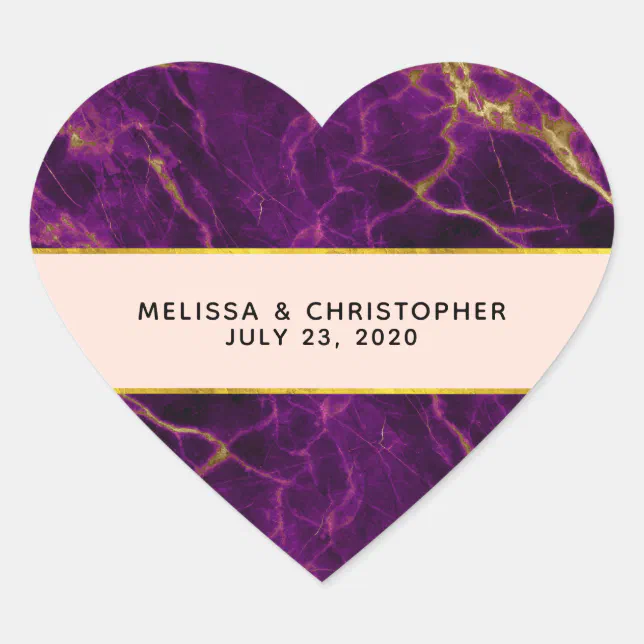 Modern Wedding Purple & Gold Abstract Marble Heart Sticker | Zazzle