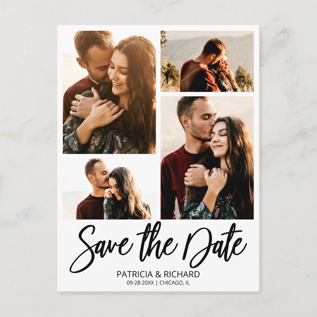 Modern Wedding Save The Date 4 Photo Collage Postcard | Zazzle