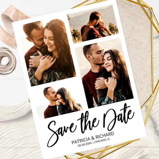Modern Wedding Save The Date 4 Photo Collage Postcard | Zazzle