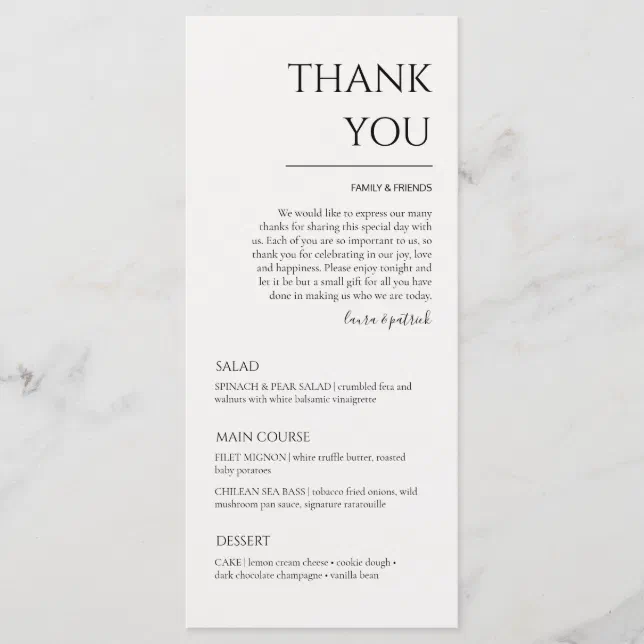 Modern Wedding Thank You and Dinner Menu | Zazzle
