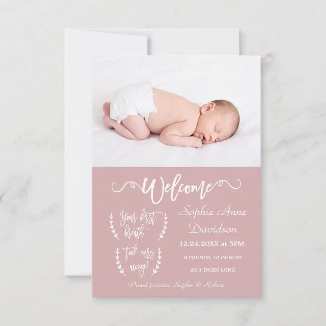Modern Welcome Photo Baby Girl Birth Announcement | Zazzle