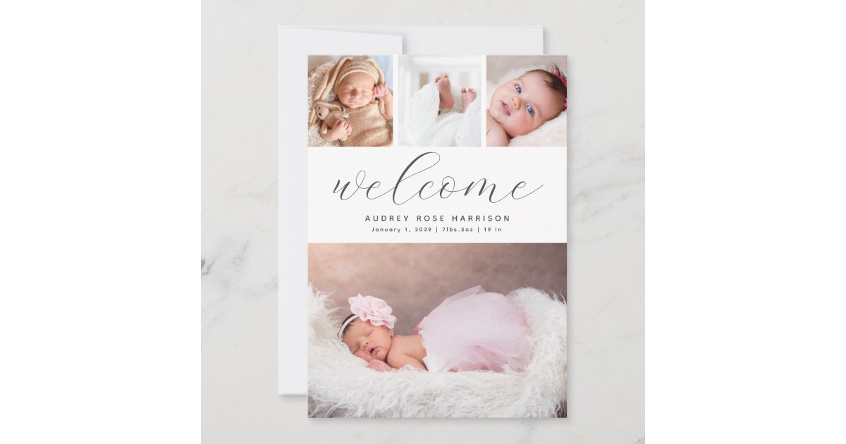 Modern Welcome Photo Collage Birth Announcement | Zazzle
