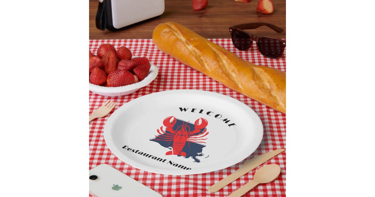Modern welcome red crayfish Louisiana custom name Paper Plates | Zazzle
