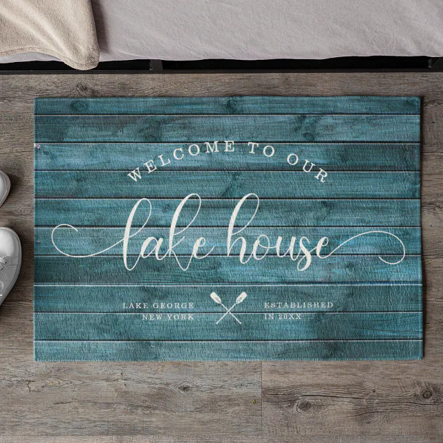 Modern WELCOME TO OUR Lake House Script Custom Doormat | Zazzle