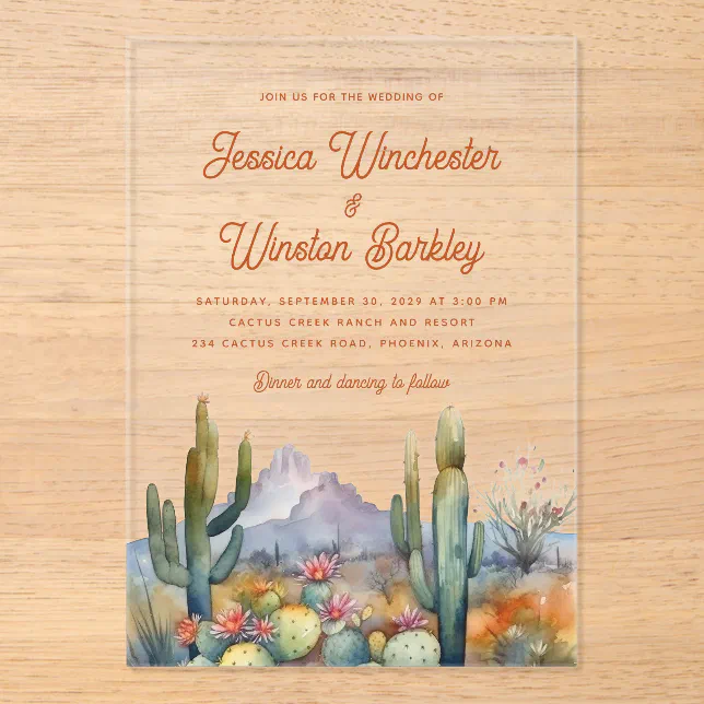 Modern Western Terracotta Desert Cactus Landscape Acrylic Invitations ...