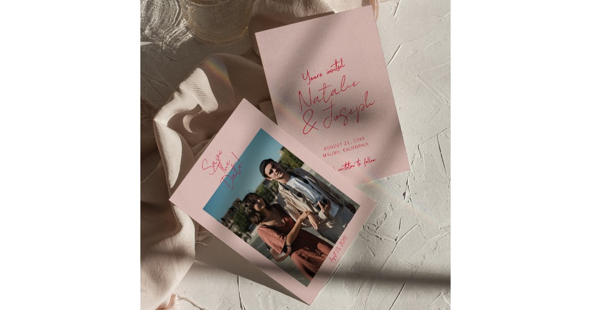 Modern Whimsical Pink Red Retro Photo Wedding Save The Date | Zazzle