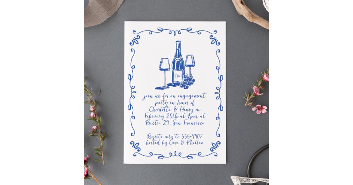 Modern Whimsical Wine Doodle Engagement Party Invitation | Zazzle