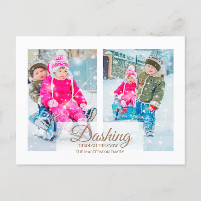 Modern White 2 Photo Christmas Dashing Snow Holiday Postcard | Zazzle