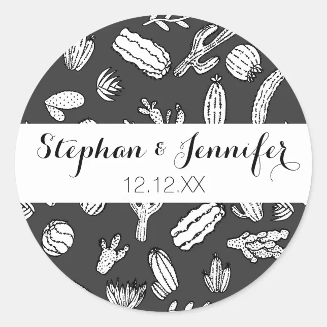 Modern White and Black Succulent Cactus Pattern Classic Round Sticker ...