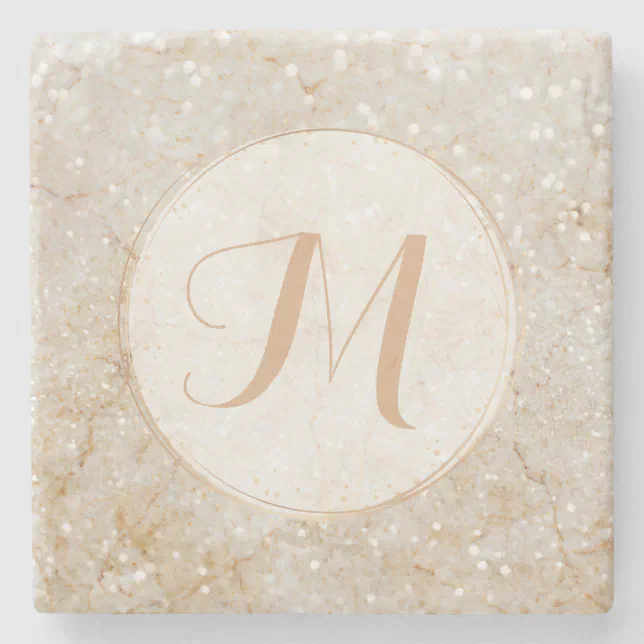 Modern White and Gold Monogram Stone Coaster | Zazzle