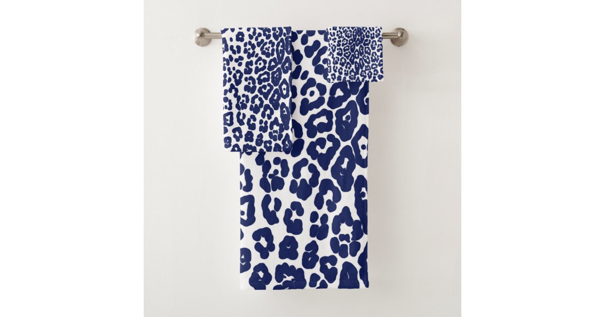 Modern white and navy blue leopard print bath towel set | Zazzle