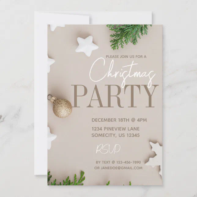 Modern White and Tan Neutral Christmas Party Invitation | Zazzle