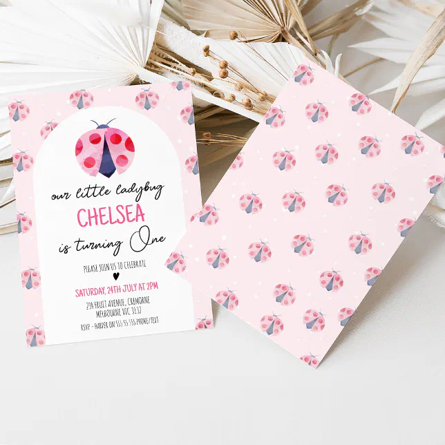 Modern White Arch Pink Ladybug 1st Birthday Invitation | Zazzle