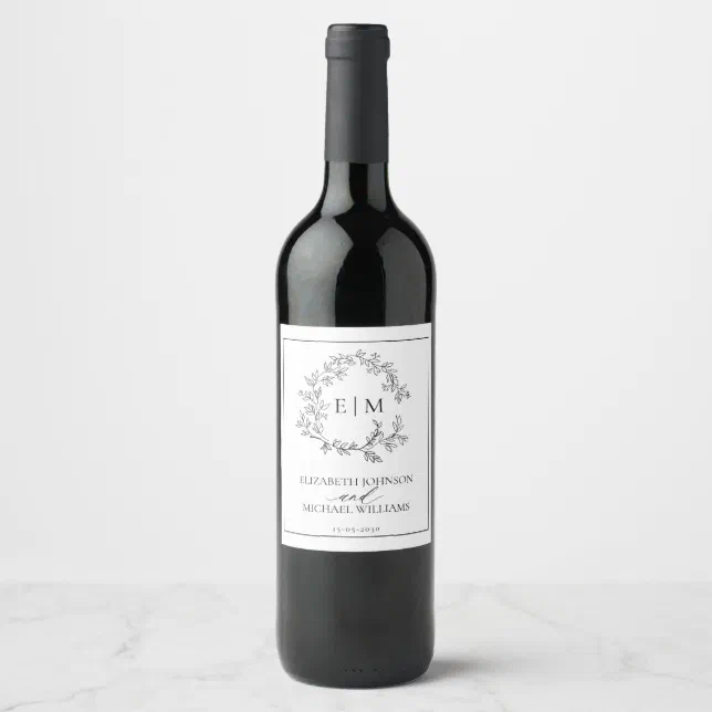 Modern White Black Leafy Crest Monogram Wedding Wine Label | Zazzle