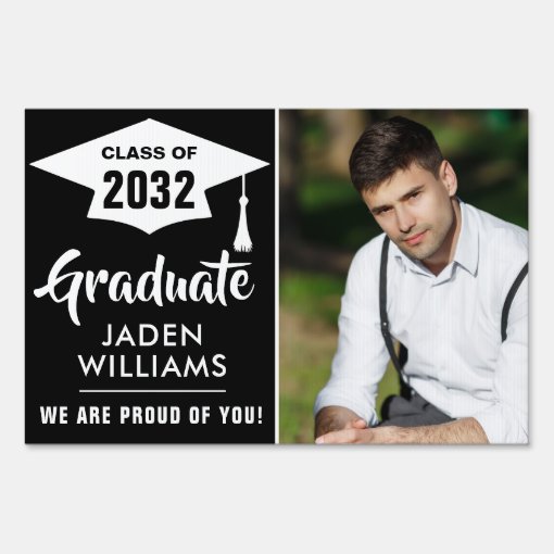Modern White Black PHOTO Graduation Banner Yard Sign | Zazzle
