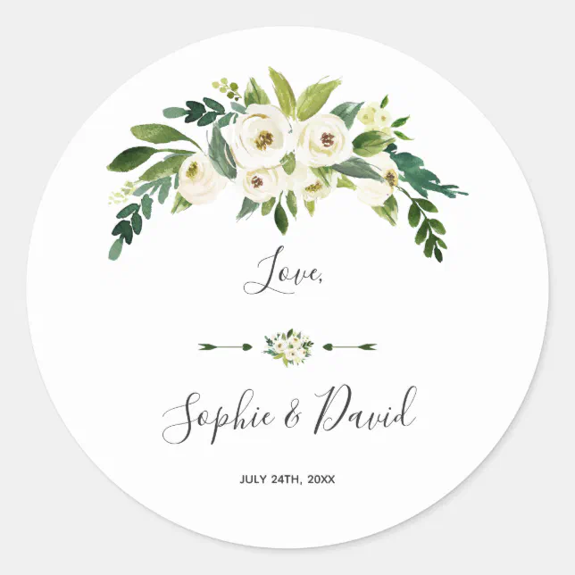 Modern White Blooming Floral Handwriting Wedding Classic Round Sticker ...