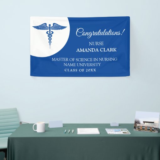 Modern White & Blue Caduceus Nurse Rn Graduation Banner | Zazzle