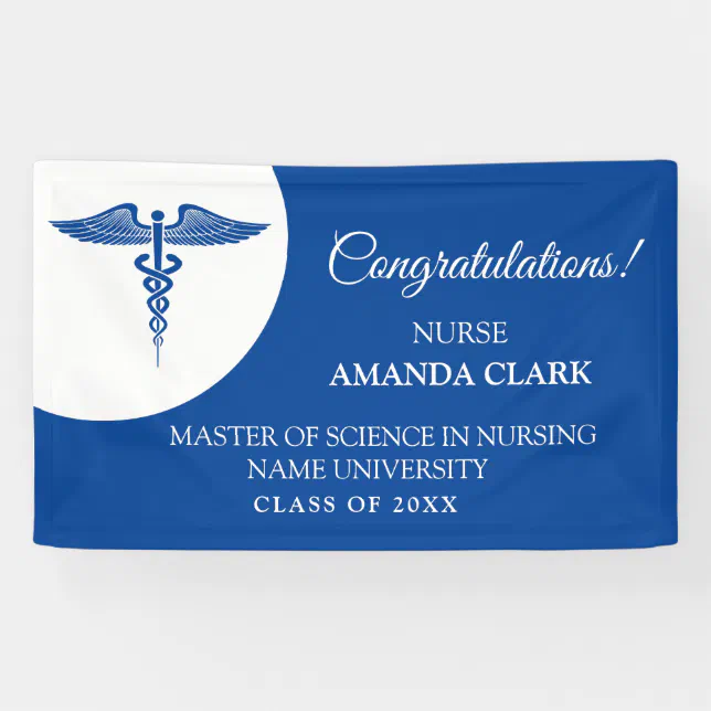 Modern White & Blue Caduceus Nurse Rn Graduation Banner | Zazzle