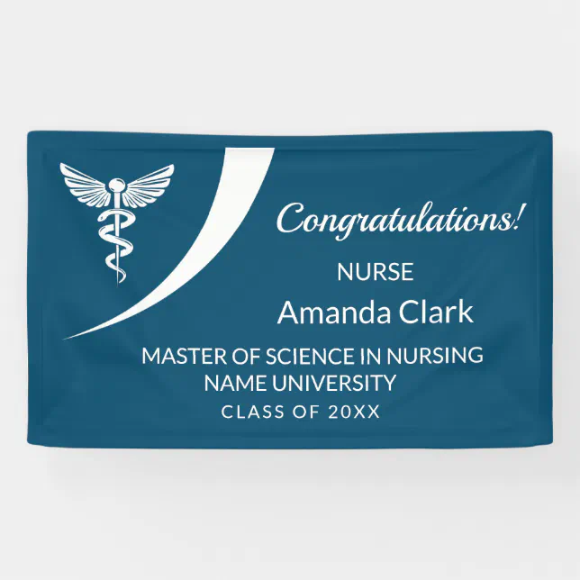 Modern White & Blue Caduceus Nursing Graduation Banner | Zazzle