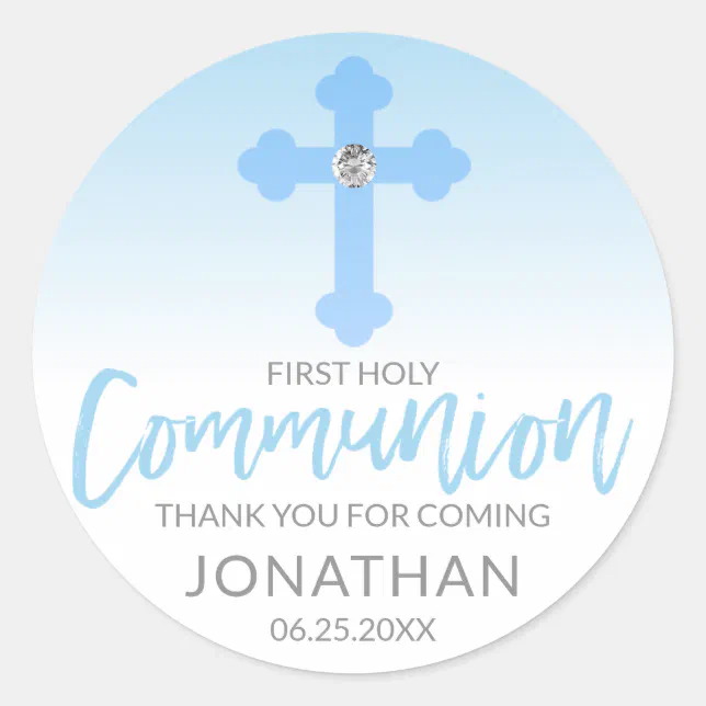 Modern White Blue Cross COMMUNION Boy Thank You Classic Round Sticker ...