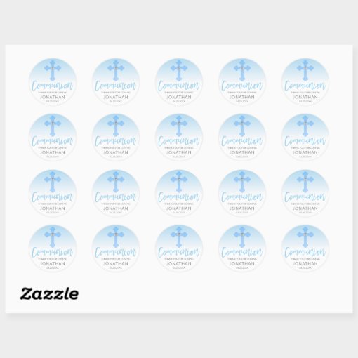 Modern White Blue Cross COMMUNION Boy Thank You Classic Round Sticker ...
