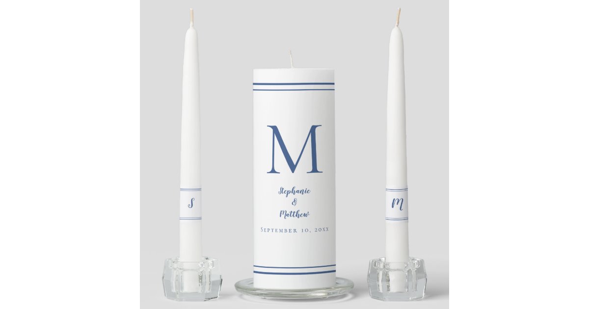 Modern White & Blue Wedding Ceremony Bride Groom Unity Candle Set | Zazzle