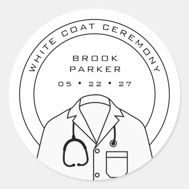Modern White Coat Ceremony Party Invitation Classic Round Sticker | Zazzle