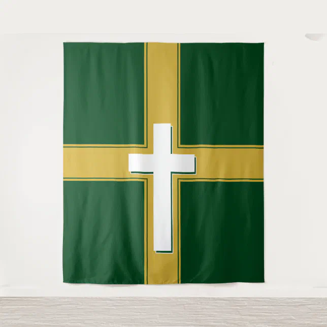 Modern | White Cross on | Gold and | Green Tapestry | Zazzle