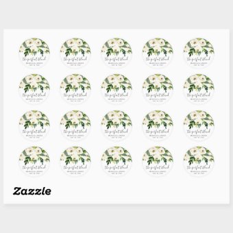 Modern White Floral Greenery Elegant Wedding Classic Round Sticker | Zazzle