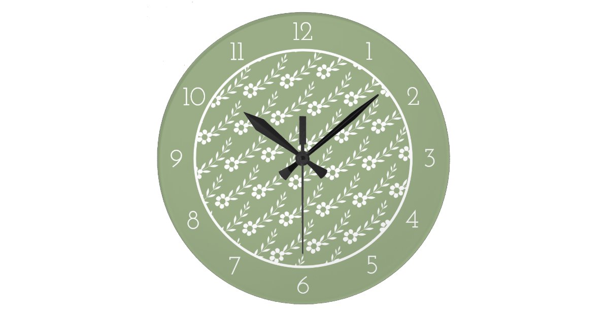 Modern white flower pattern sage green border large clock | Zazzle
