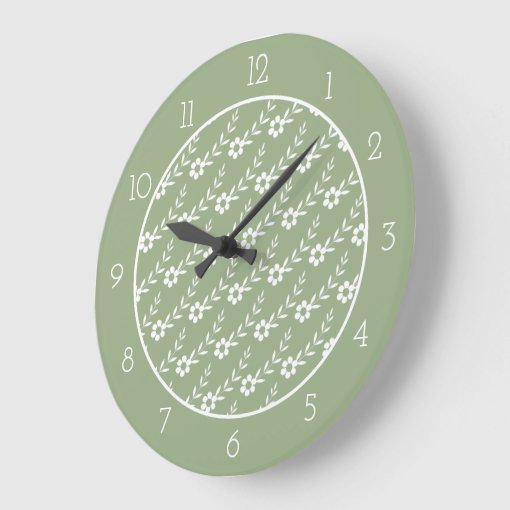 Modern white flower pattern sage green border large clock | Zazzle