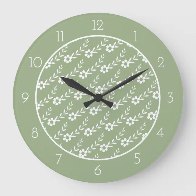 Modern white flower pattern sage green border large clock | Zazzle