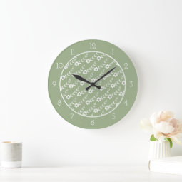 Modern white flower pattern sage green border large clock | Zazzle