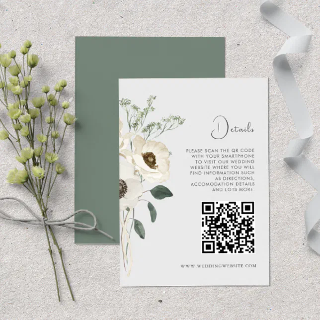 Modern White Flowers Wedding QR code Details Enclosure Card | Zazzle