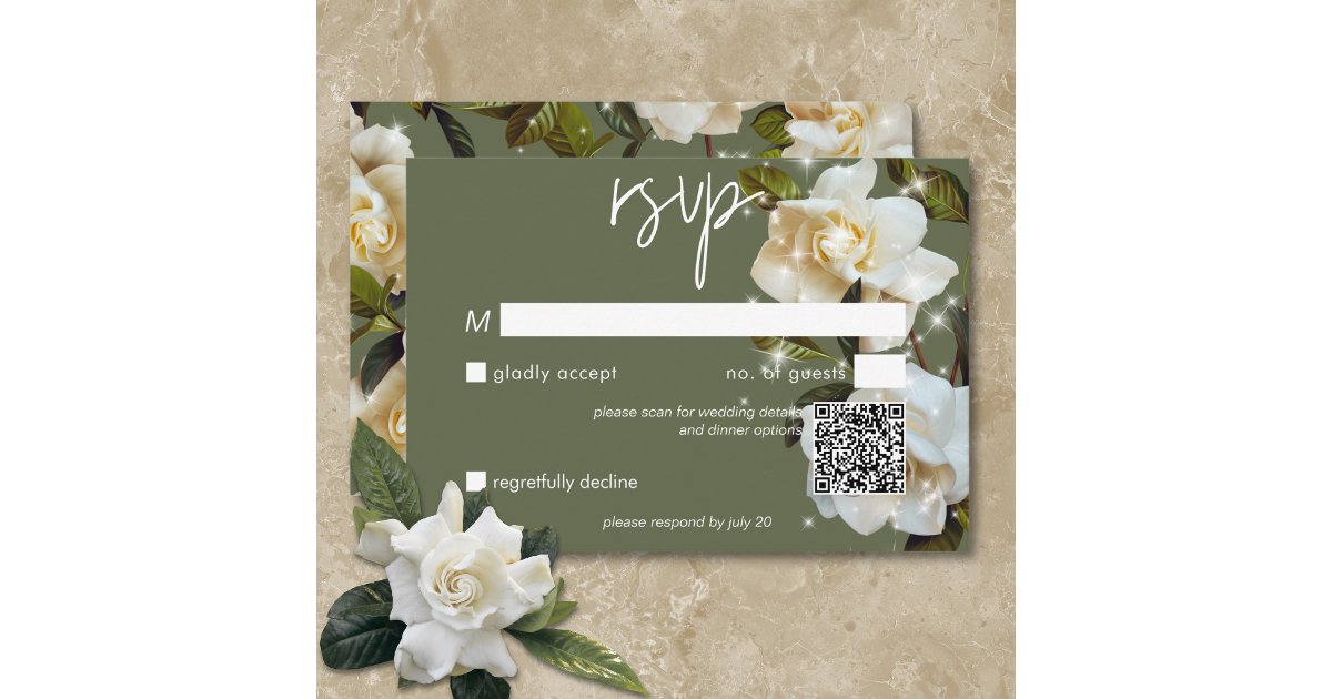 Modern White Gardenias on Sage Sparkle QR Code RSVP Card | Zazzle