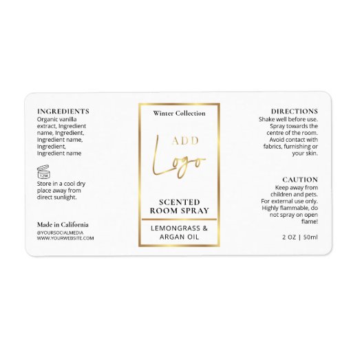 Modern White & Gold Logo Room Spray Bottle Label | Zazzle