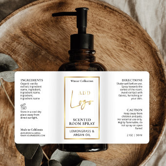 Modern White & Gold Logo Room Spray Bottle Label | Zazzle