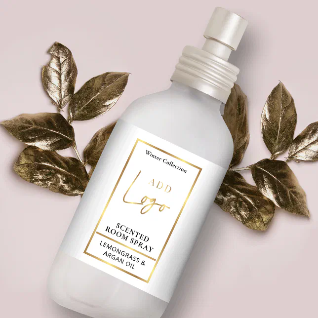 Modern White & Gold Logo Room Spray Bottle Label | Zazzle