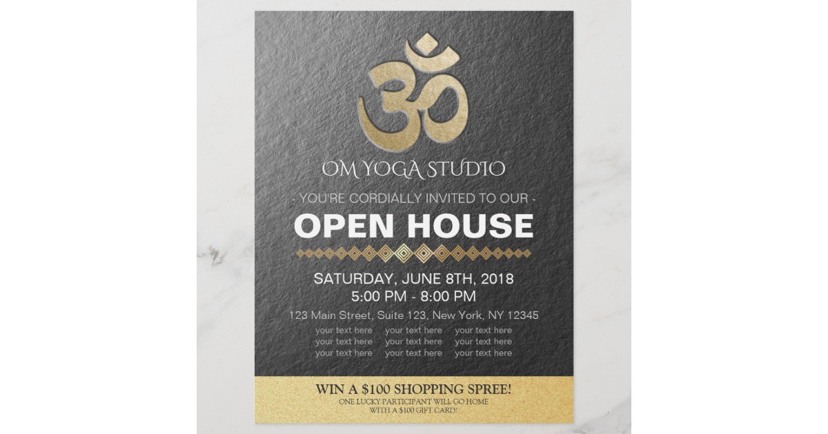 Modern White Gold OM Symbol YOGA Studio Open House Flyer | Zazzle