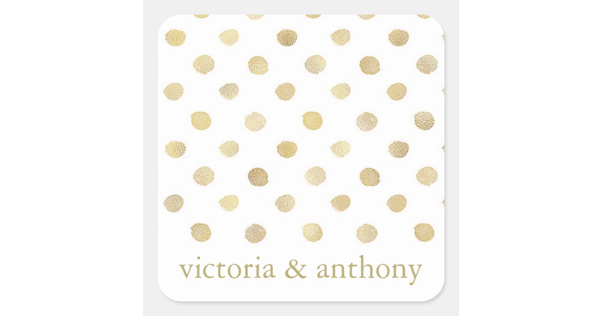 Modern White & Gold Polka Dots Wedding Favor Square Sticker | Zazzle